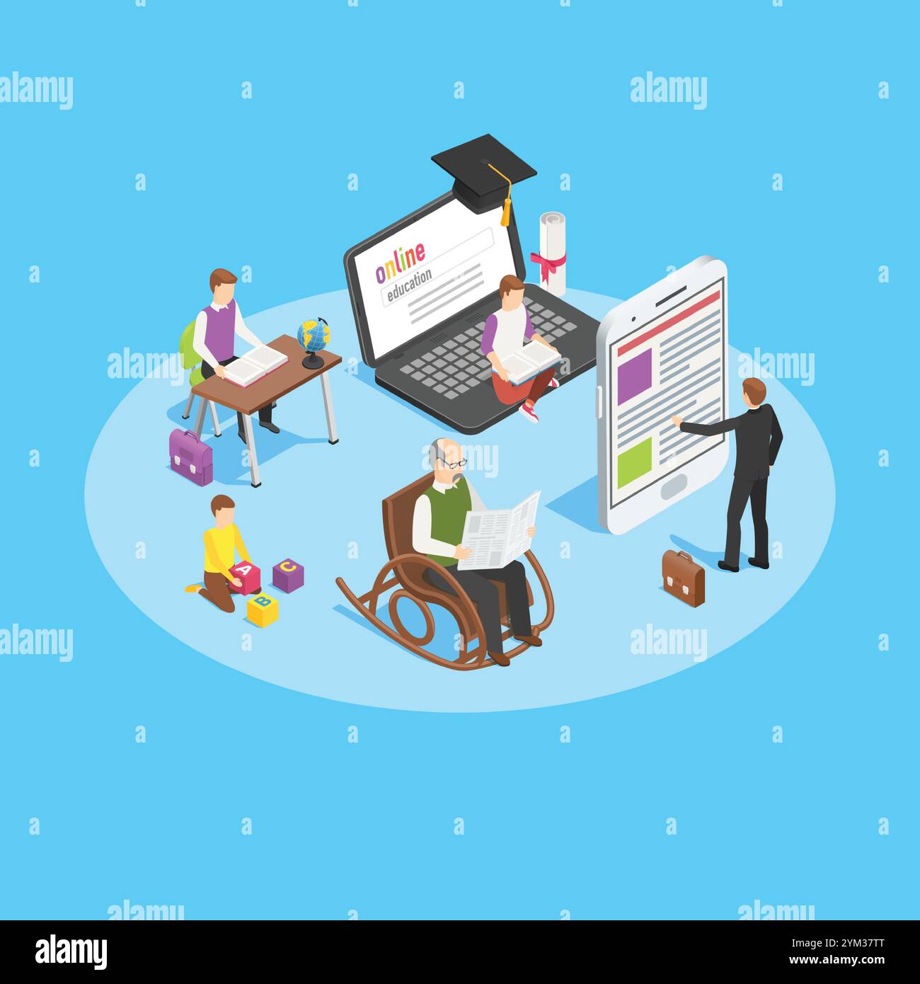 Diverse people of all ages learning online and offline, using ...