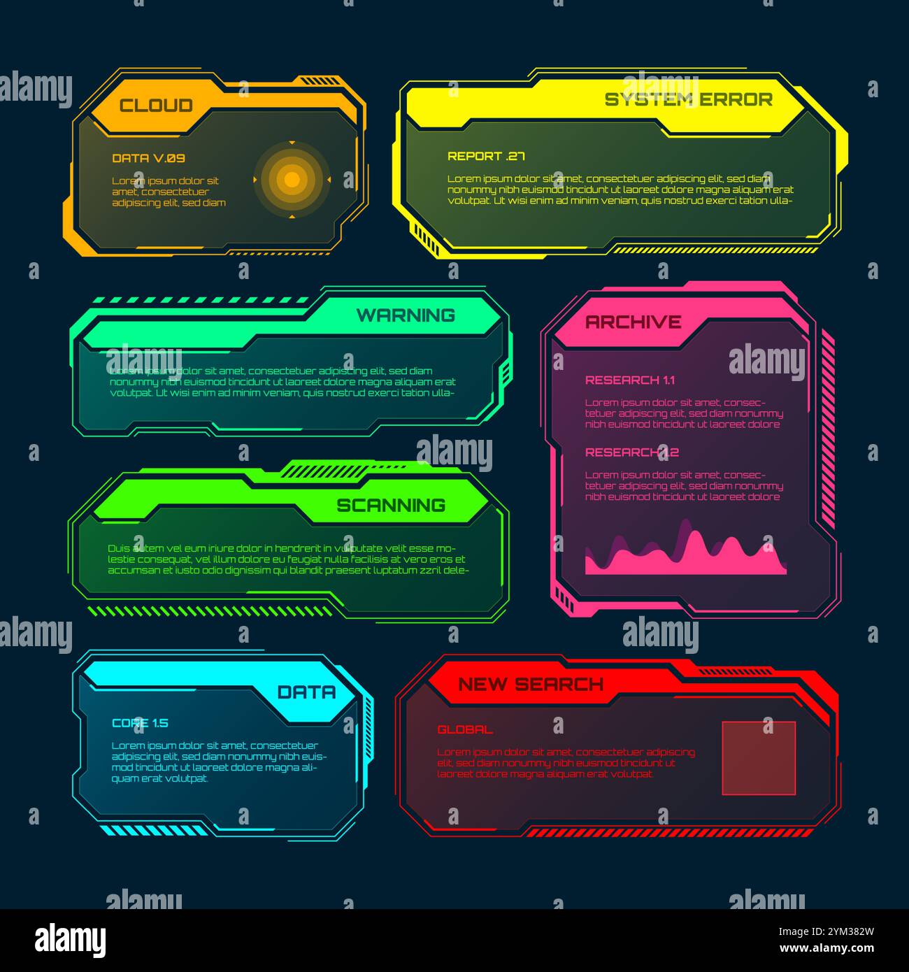 Futuristic HUD or UI elements. Sci-fi user interface text boxes, callouts. Colorful warning ...