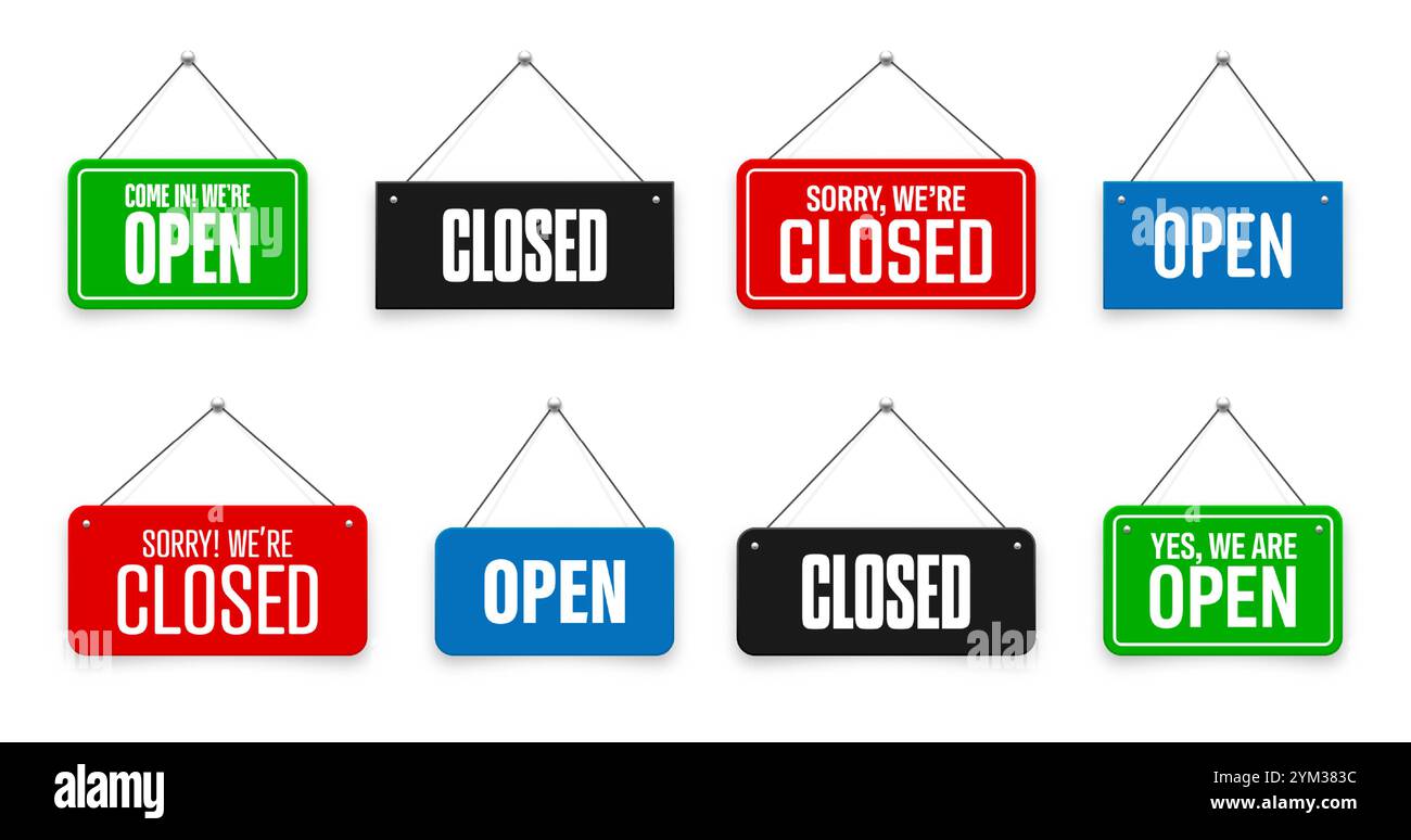 Realistic open or closed hanging signboards. Vintage door sign for cafe ...