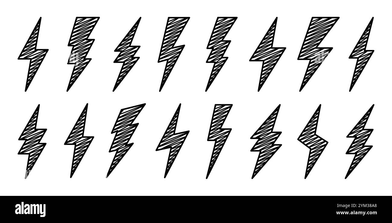 Hatched lightning bolt icons collection. Hand drawn flash symbol ...