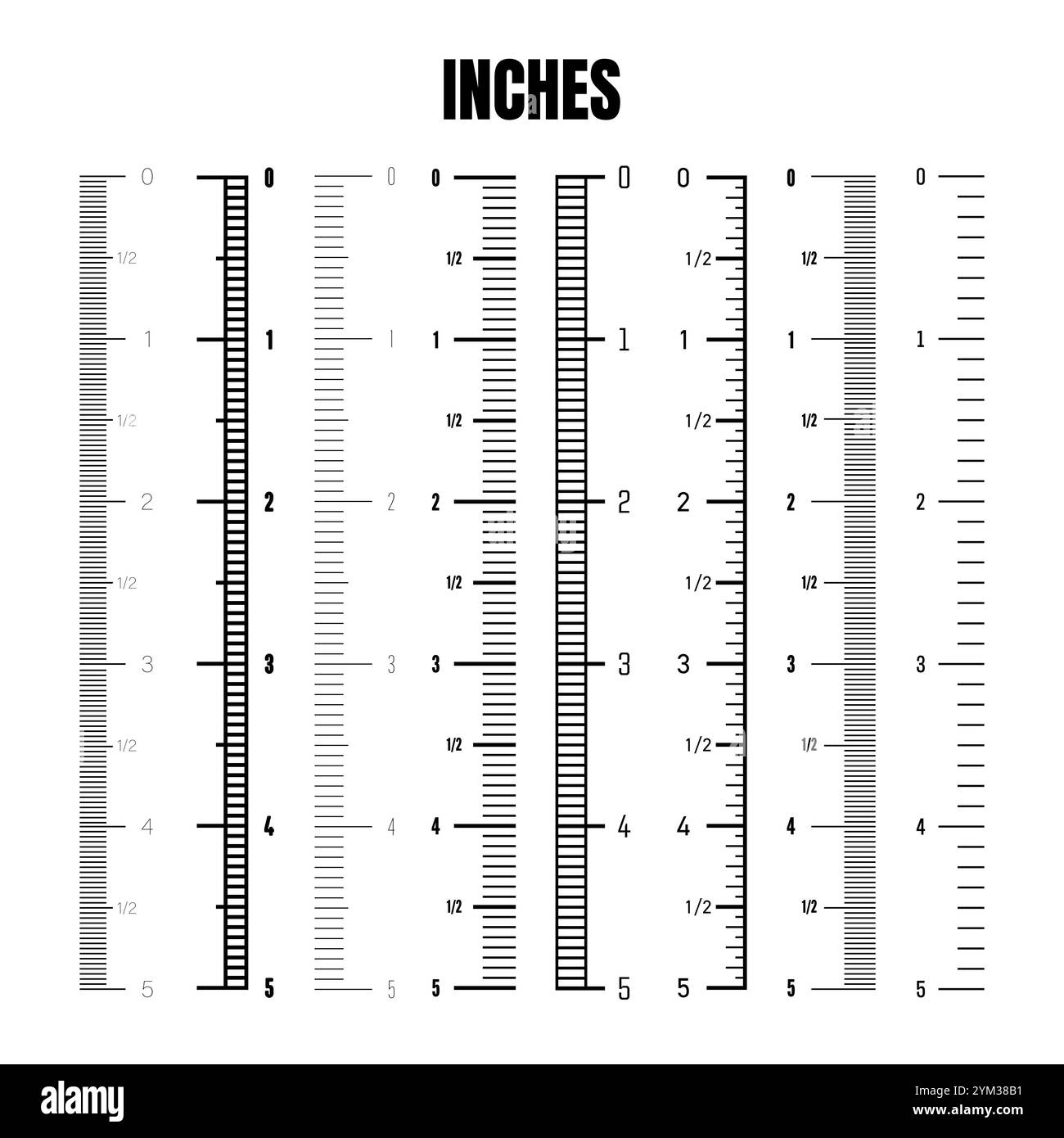 Vertical inch scale for measuring length or height. Various measurement ...