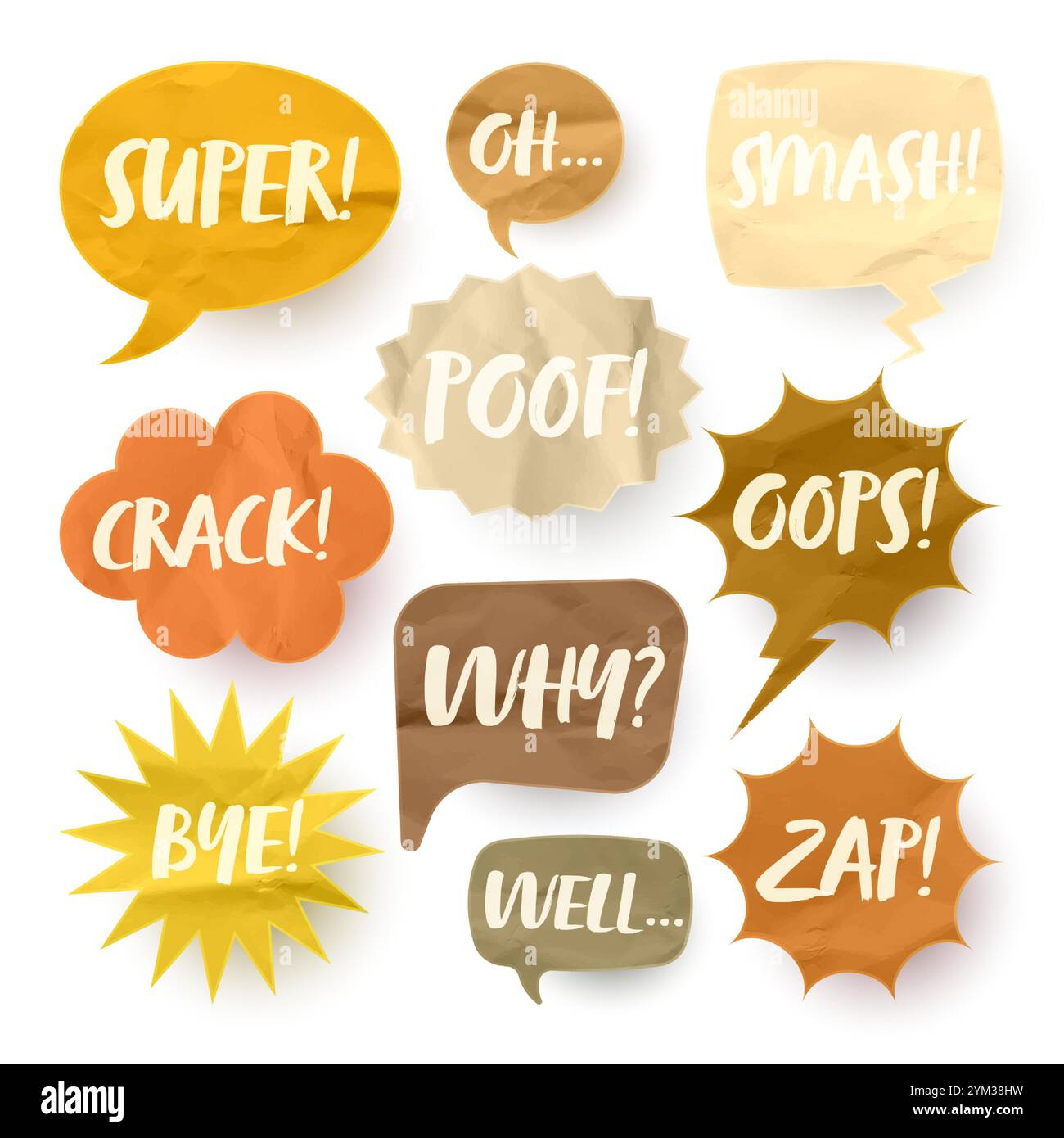 Crumpled brown paper comic speech bubbles. Hand drawn retro cartoon ...