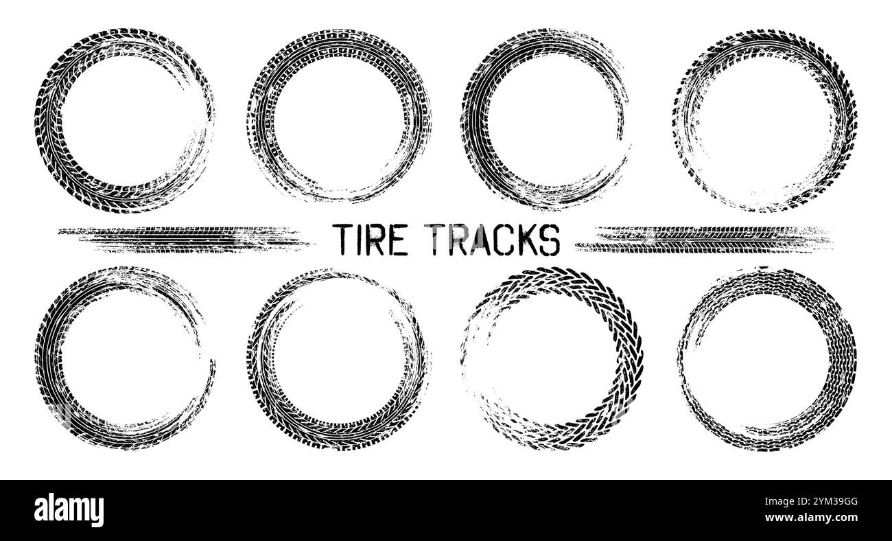Grunge circle tire tracks, wheel braking marks. Truck, car or ...
