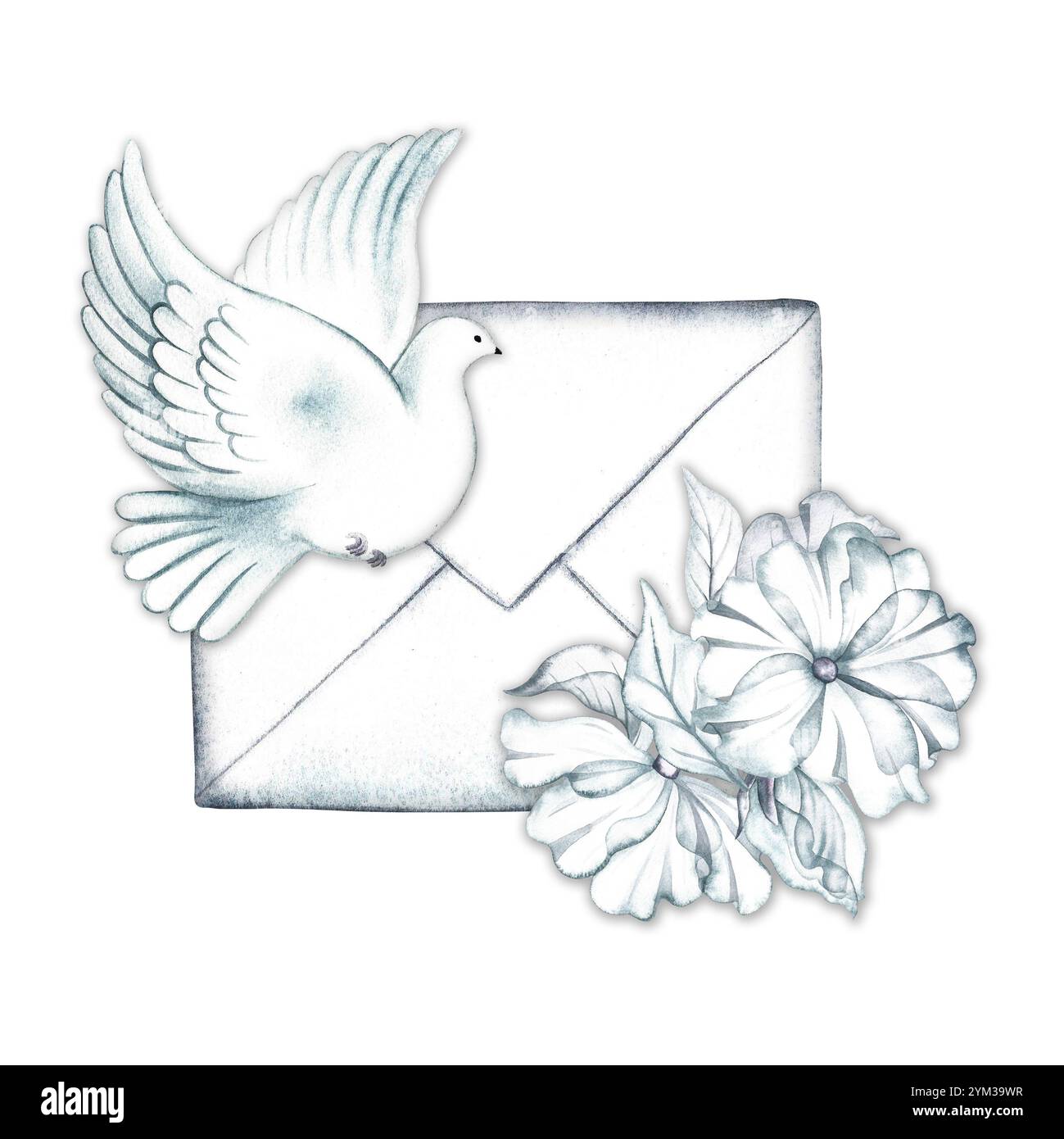 A white carrier pigeon, a postal envelope and delicate flowers. A hand ...