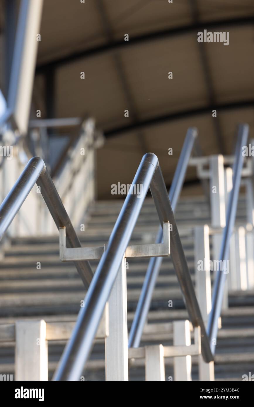 Metallic Railing on high staircase In Building, Stainless steel railing ...