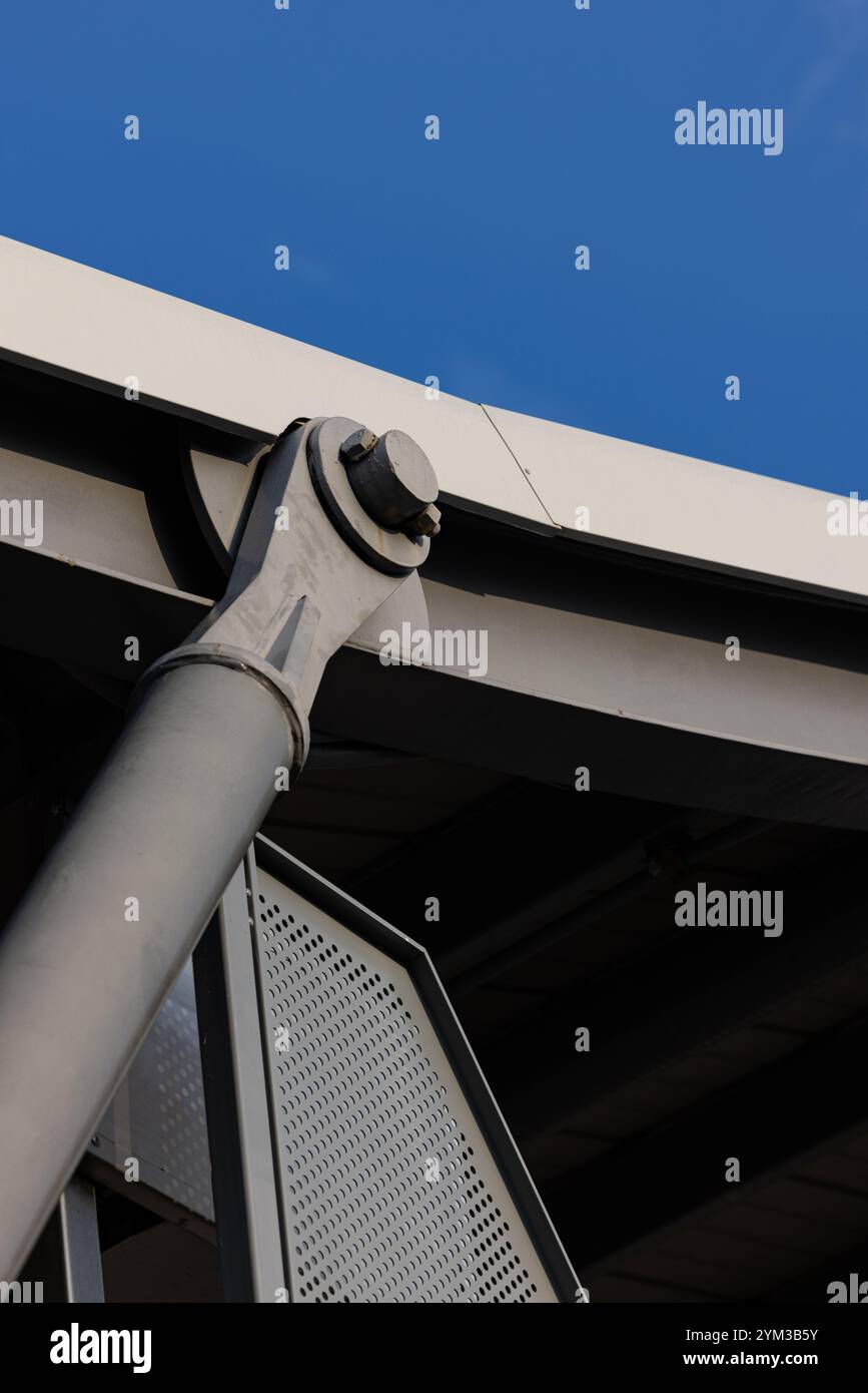 Close up detail of Steel structure hinges and pin connection joint on ...