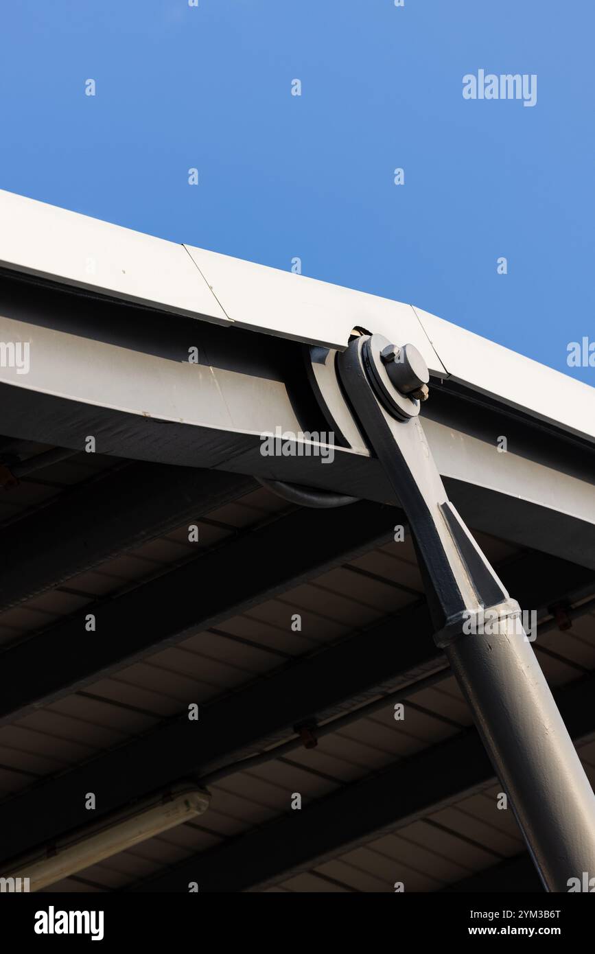 Close up detail of Steel structure hinges and pin connection joint on ...