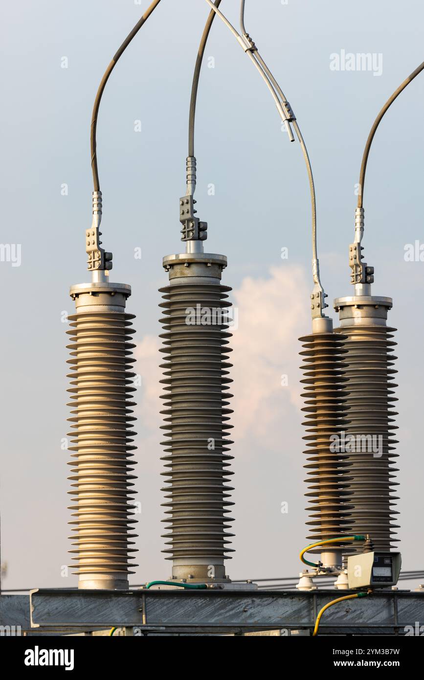 porcelain insulator on High voltage post, High voltage tower, show with ...