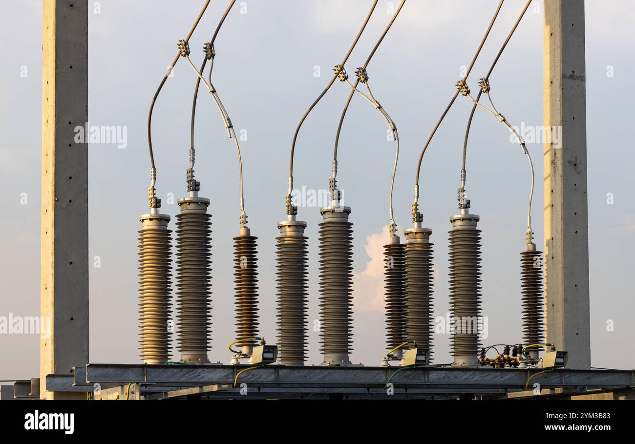 porcelain insulator on High voltage post, High voltage tower, show with ...