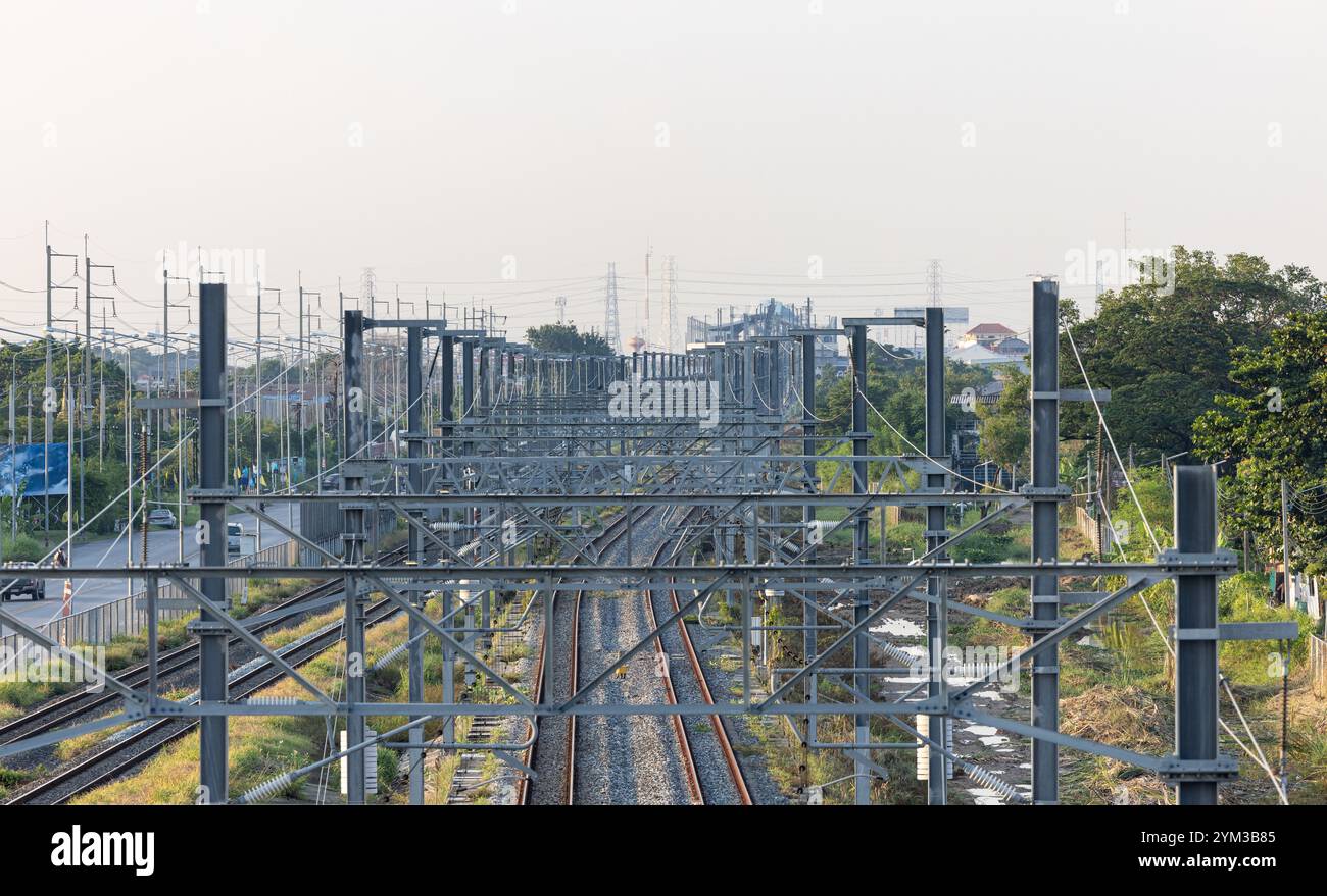 Aerial view of Infrastructure of railway tracks equipped with overhead ...