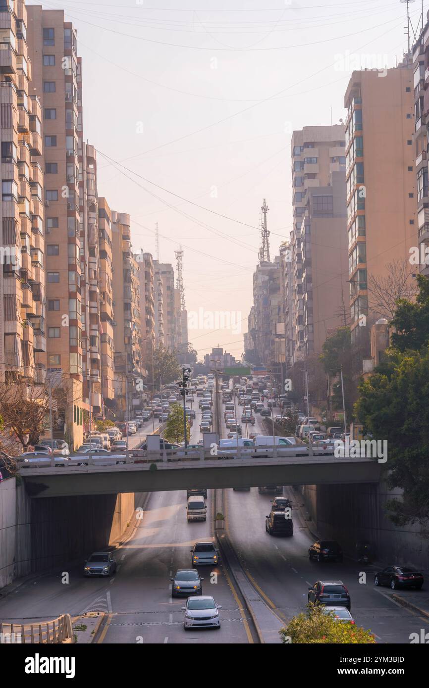 The traffic on the road in downtown Beirut, the capital of Lebanon ...