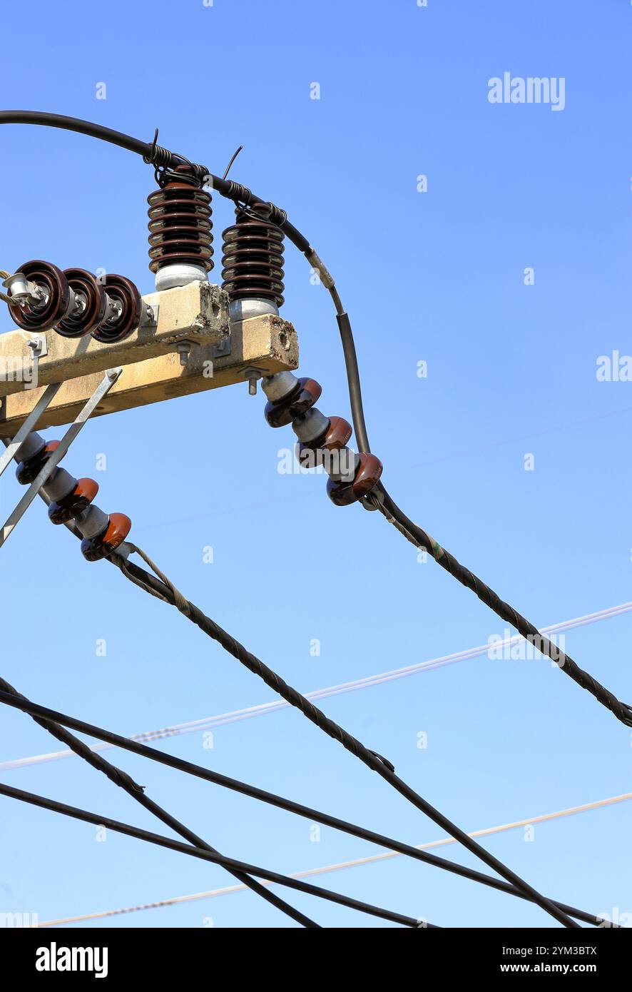 porcelain insulator on High voltage post, High voltage tower, show with ...