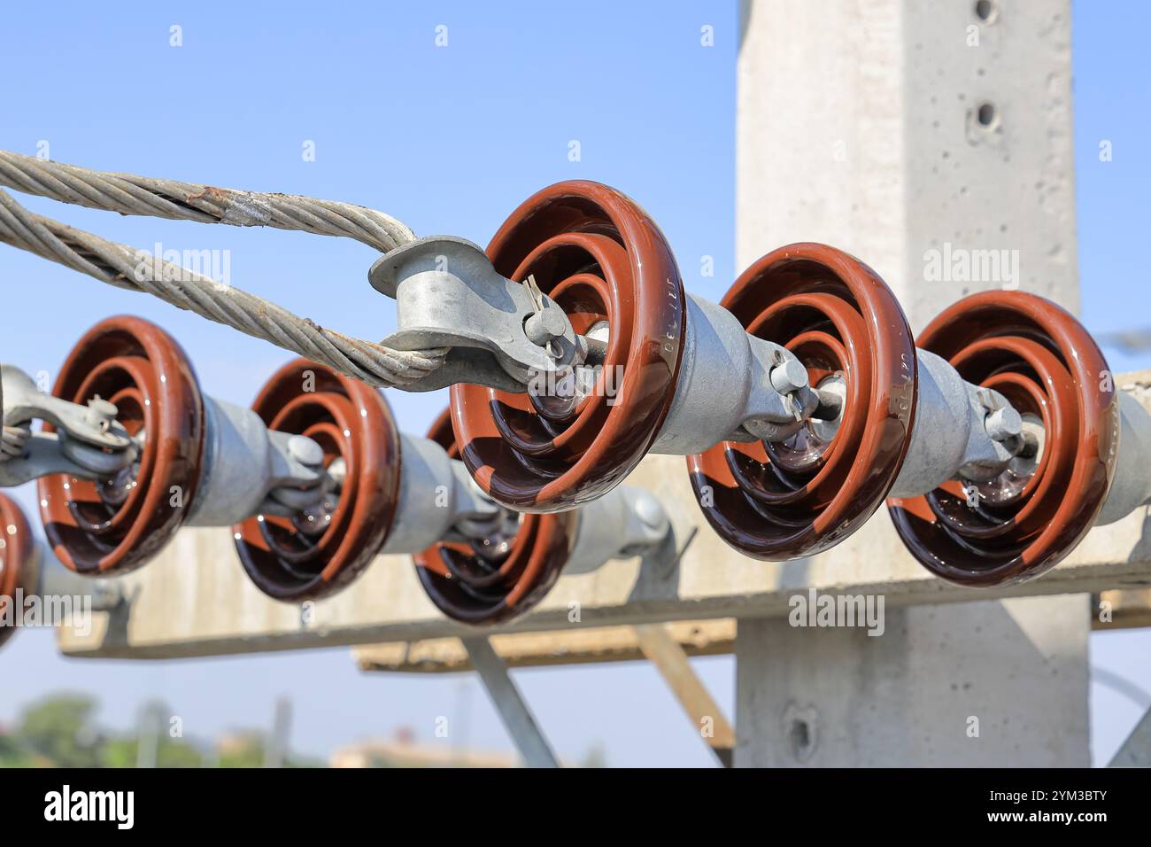 porcelain insulator on High voltage post, High voltage tower, show with ...