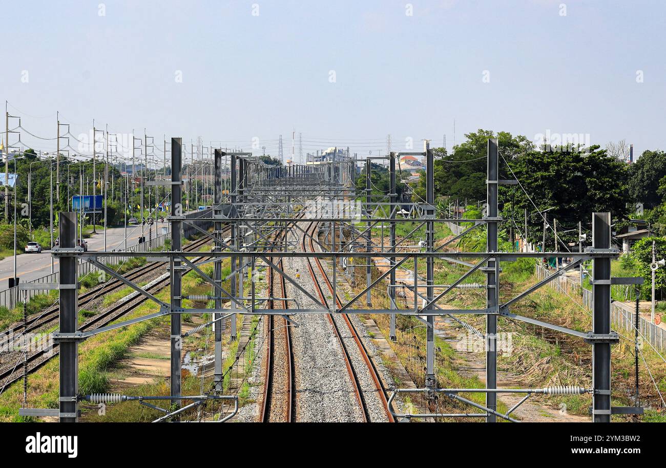 Aerial view of Infrastructure of railway tracks equipped with overhead ...