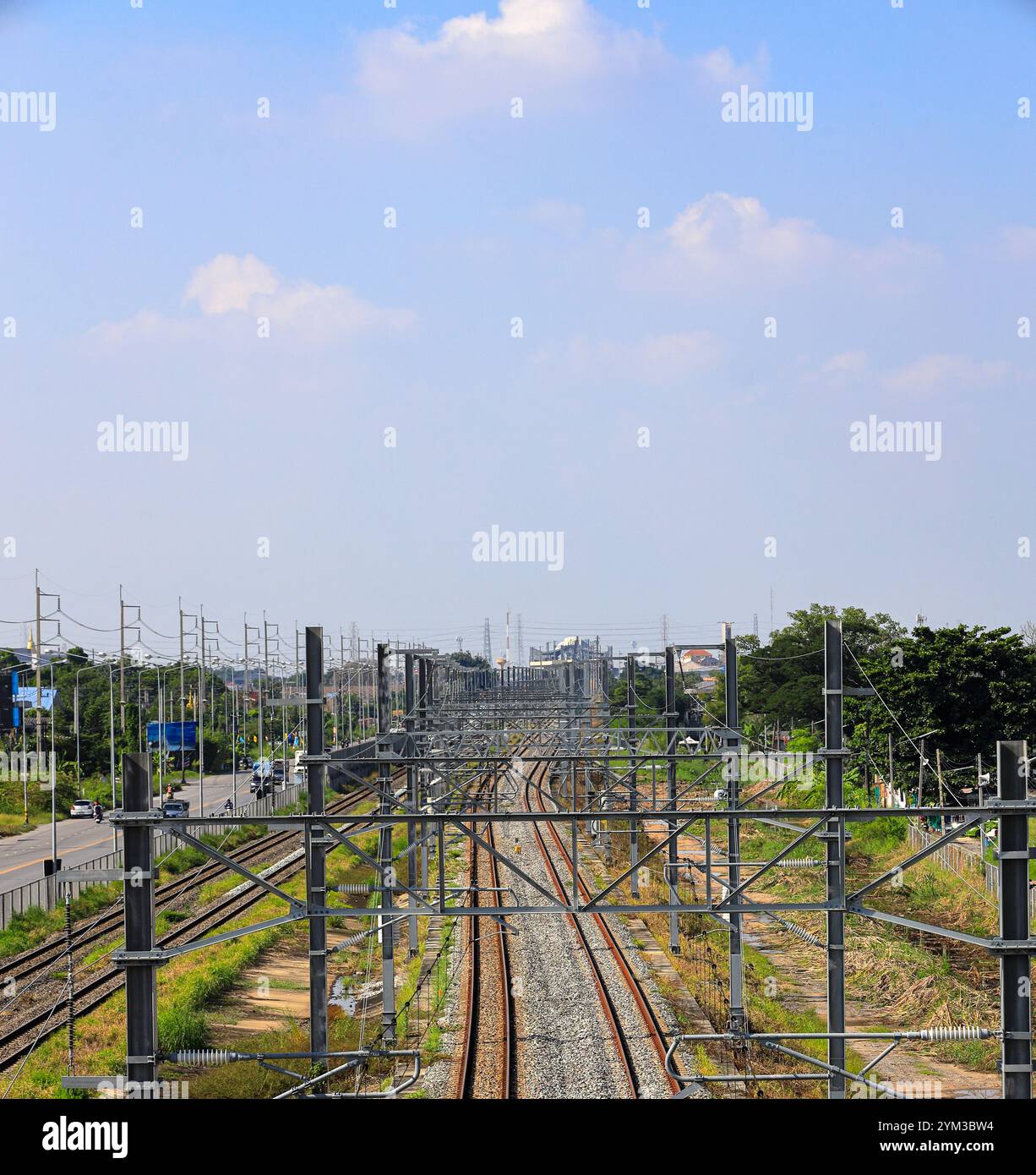 Aerial view of Infrastructure of railway tracks equipped with overhead ...