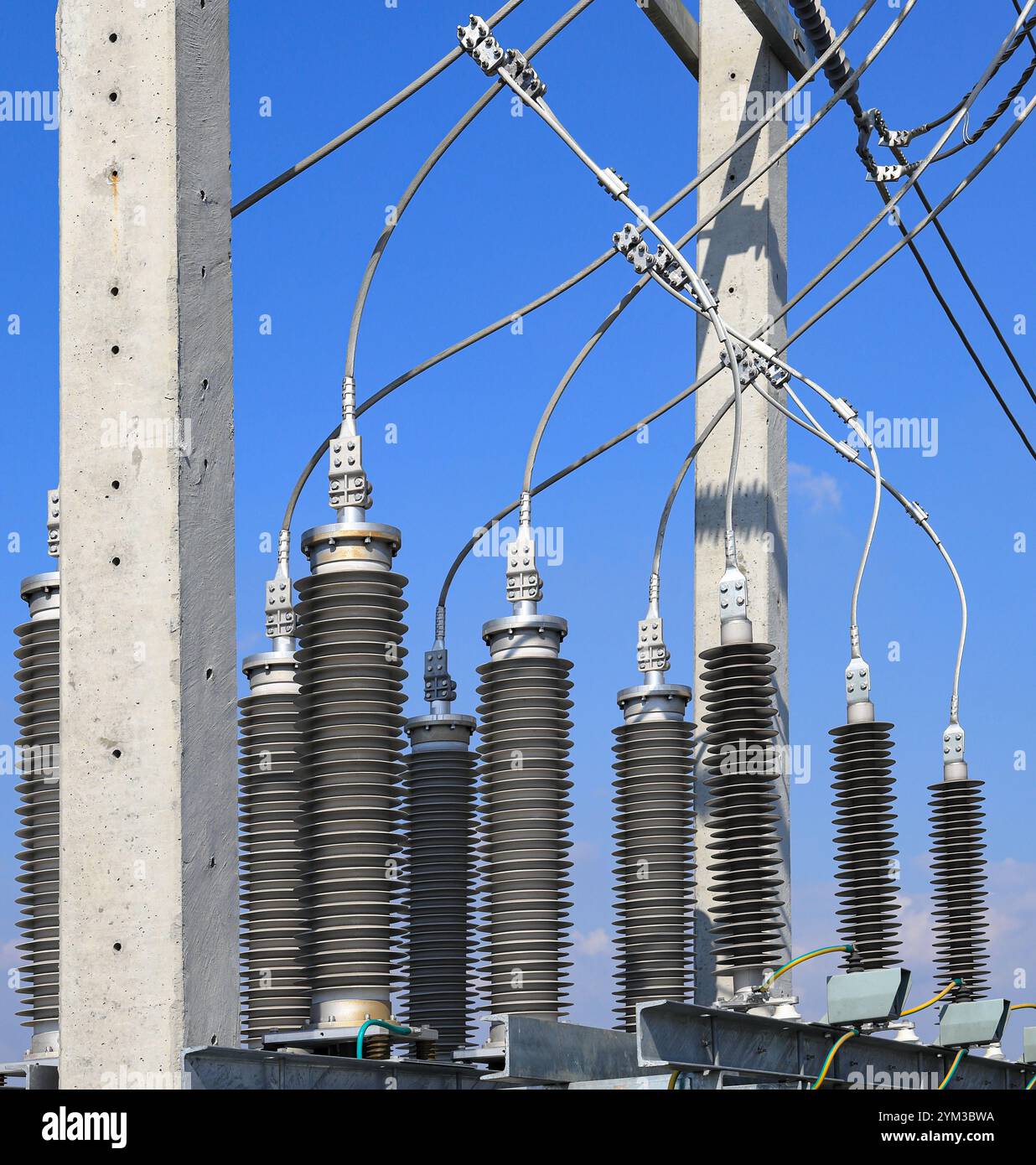 porcelain insulator on High voltage post, High voltage tower, show with ...