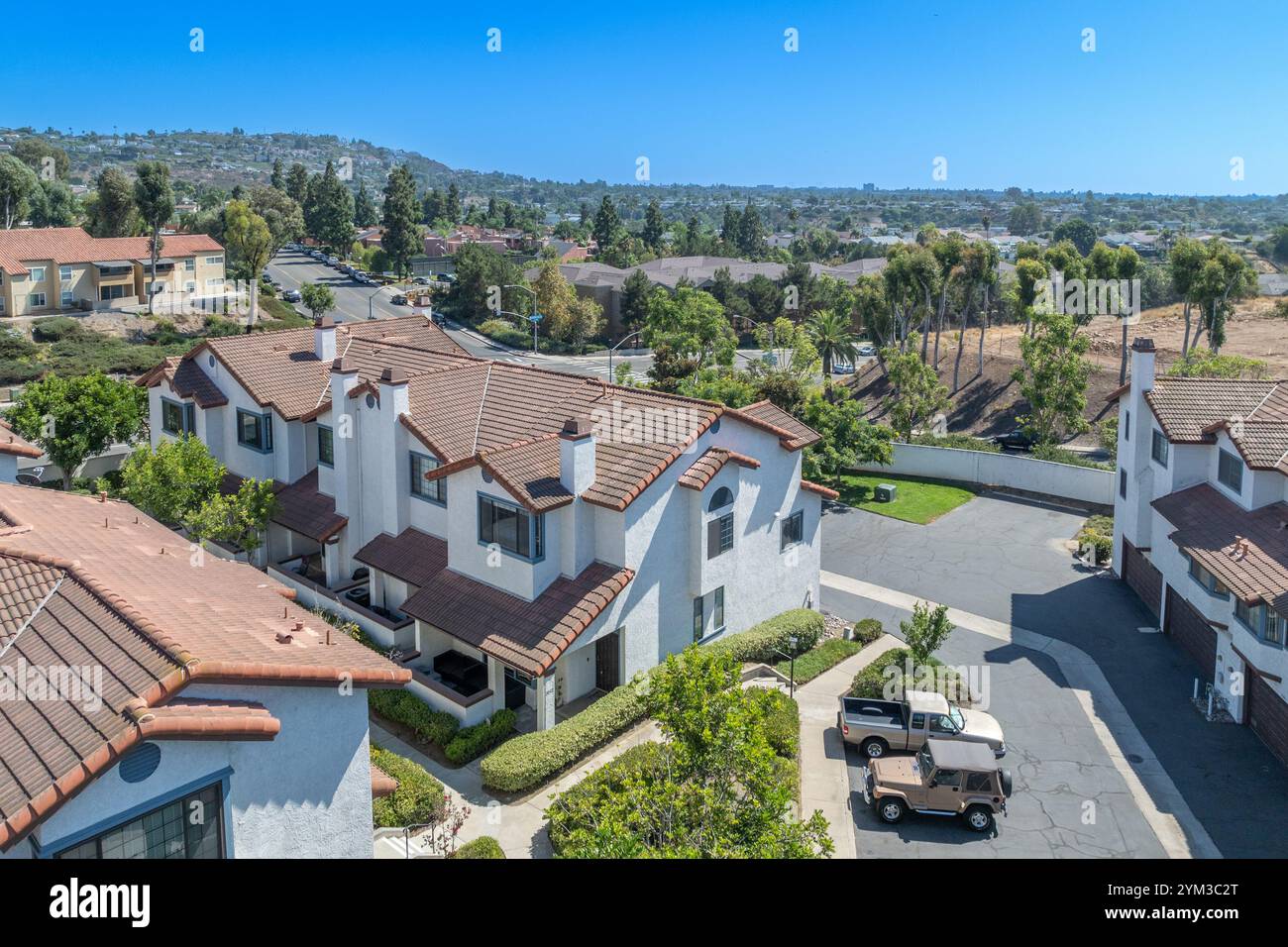 Aerial view of residential subdivision condominium house neighborhood in Mission Mesa. South ...
