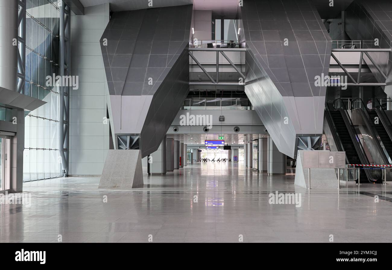 The Illuminated long and clean corridor of modern building, public ...