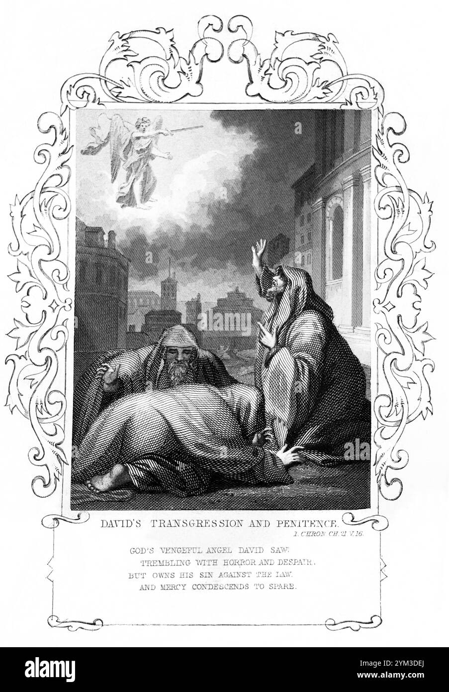Steel Engraving of David's Transgression and Penitence (1 Chronicles 21 ...