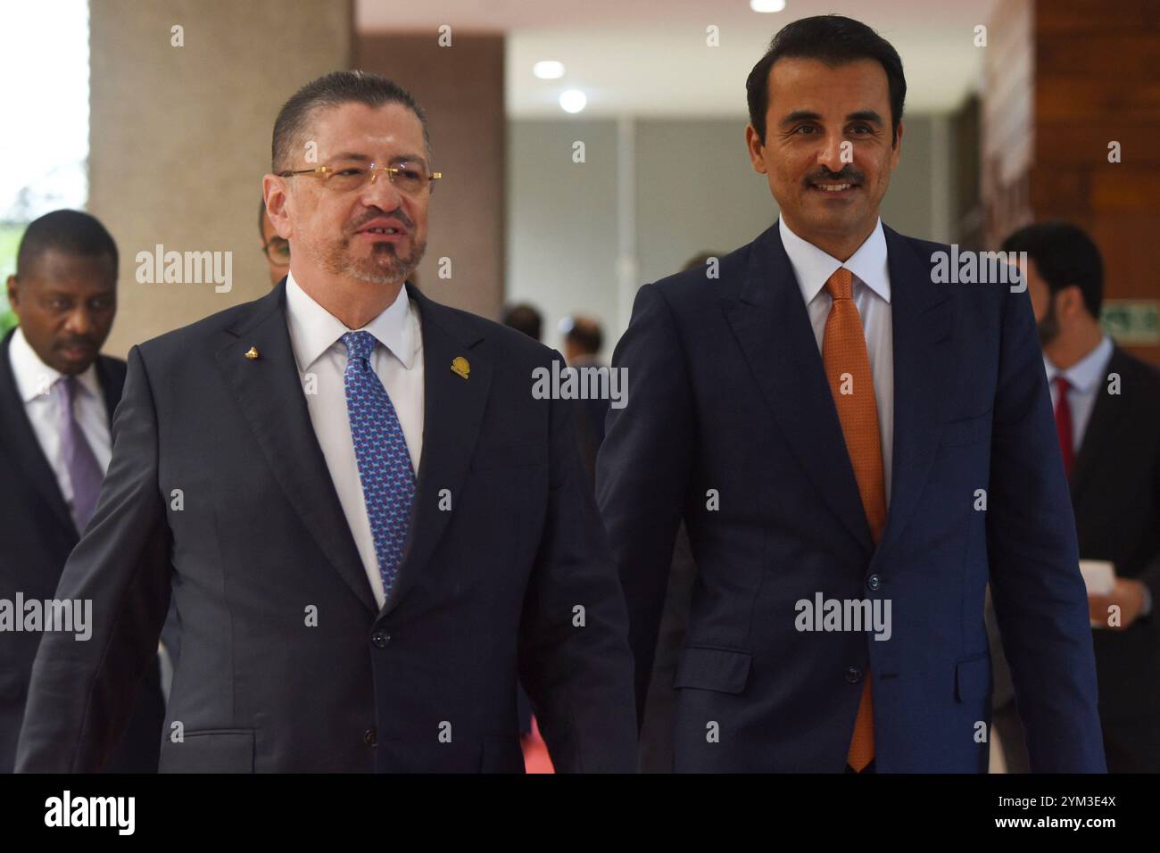 Costa Rica's President Rodrigo Chaves, left, receives Qatar's Emir ...