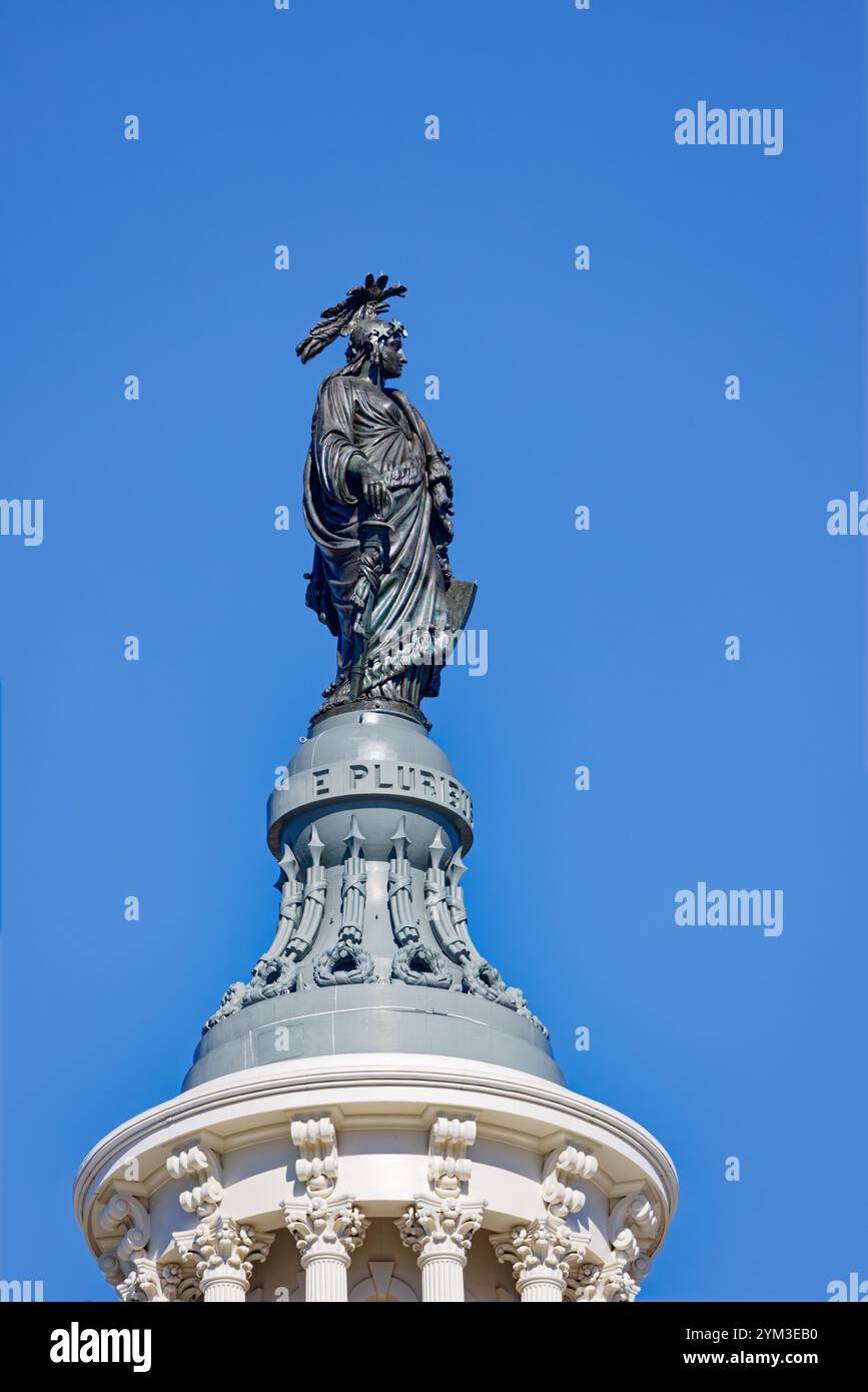 Statue of Freedom crowns the Capitol dome, facing east. It is cast ...