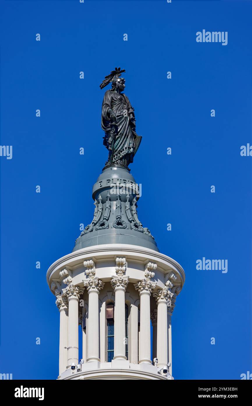 Statue of Freedom crowns the Capitol dome, facing east. It is cast ...