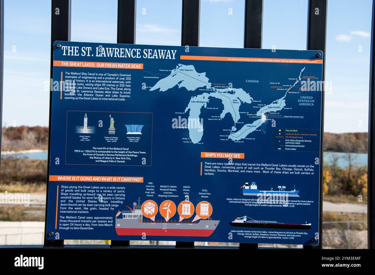 St. Lawrence Seaway sign on fence of viewing platform at St. Catharines ...