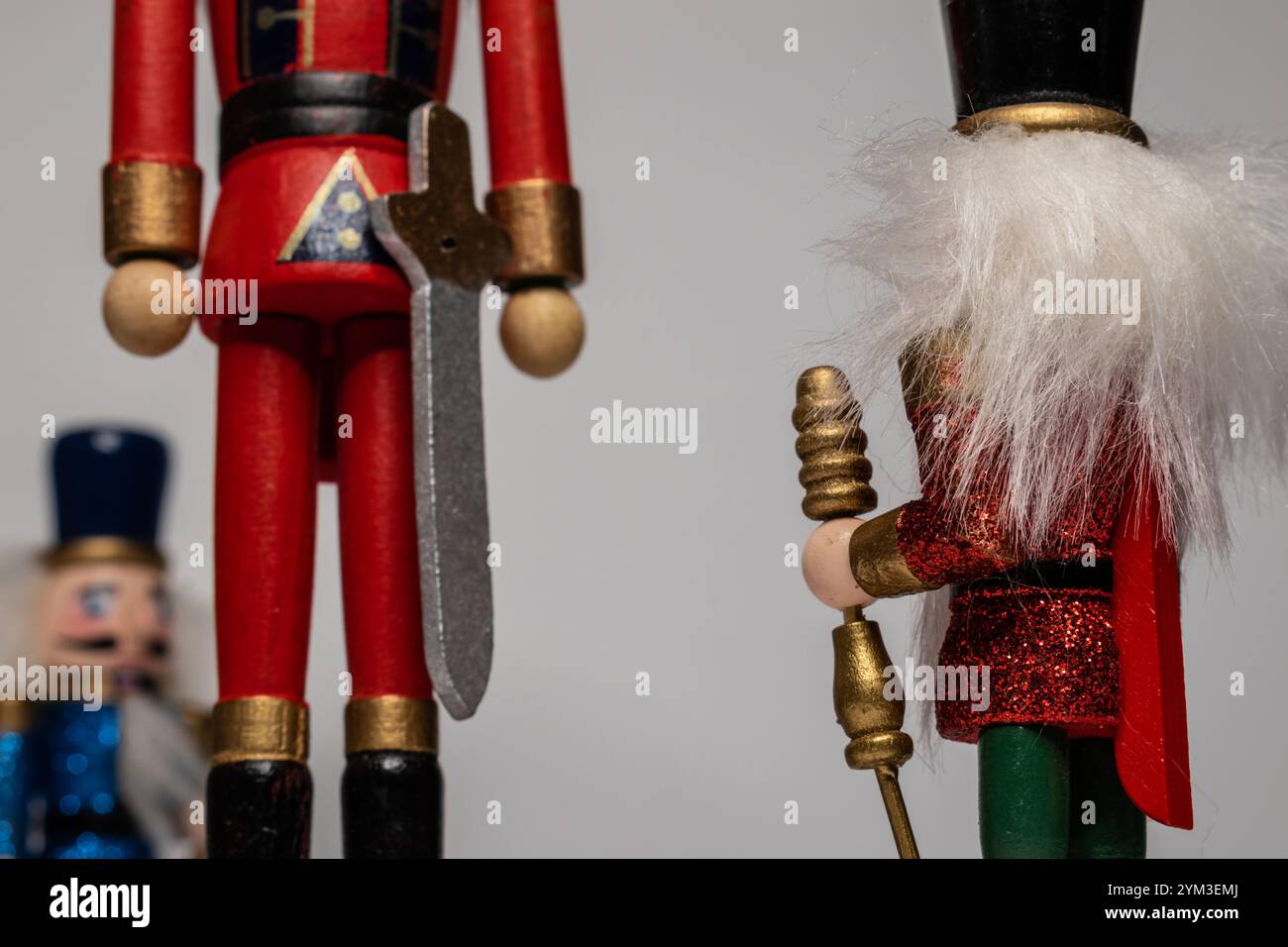A group of nutcracker toys on a bright background. Christmas concept ...