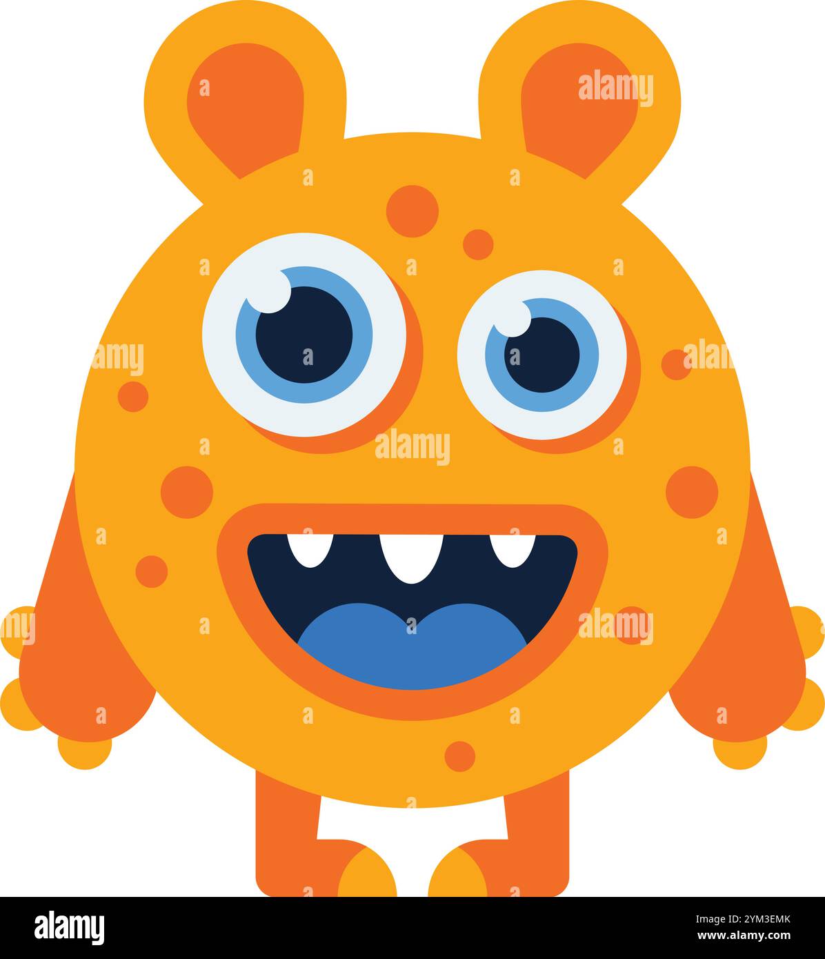 Cheerful, round, orange cartoon monster with big blue eyes, small ...