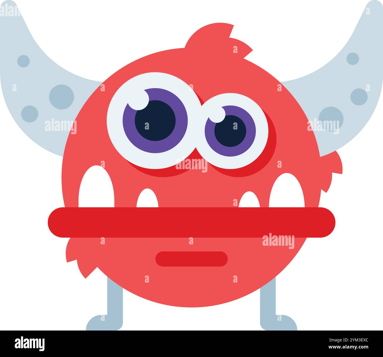 Cartoon illustration of a cute red monster with horns, big purple eyes ...