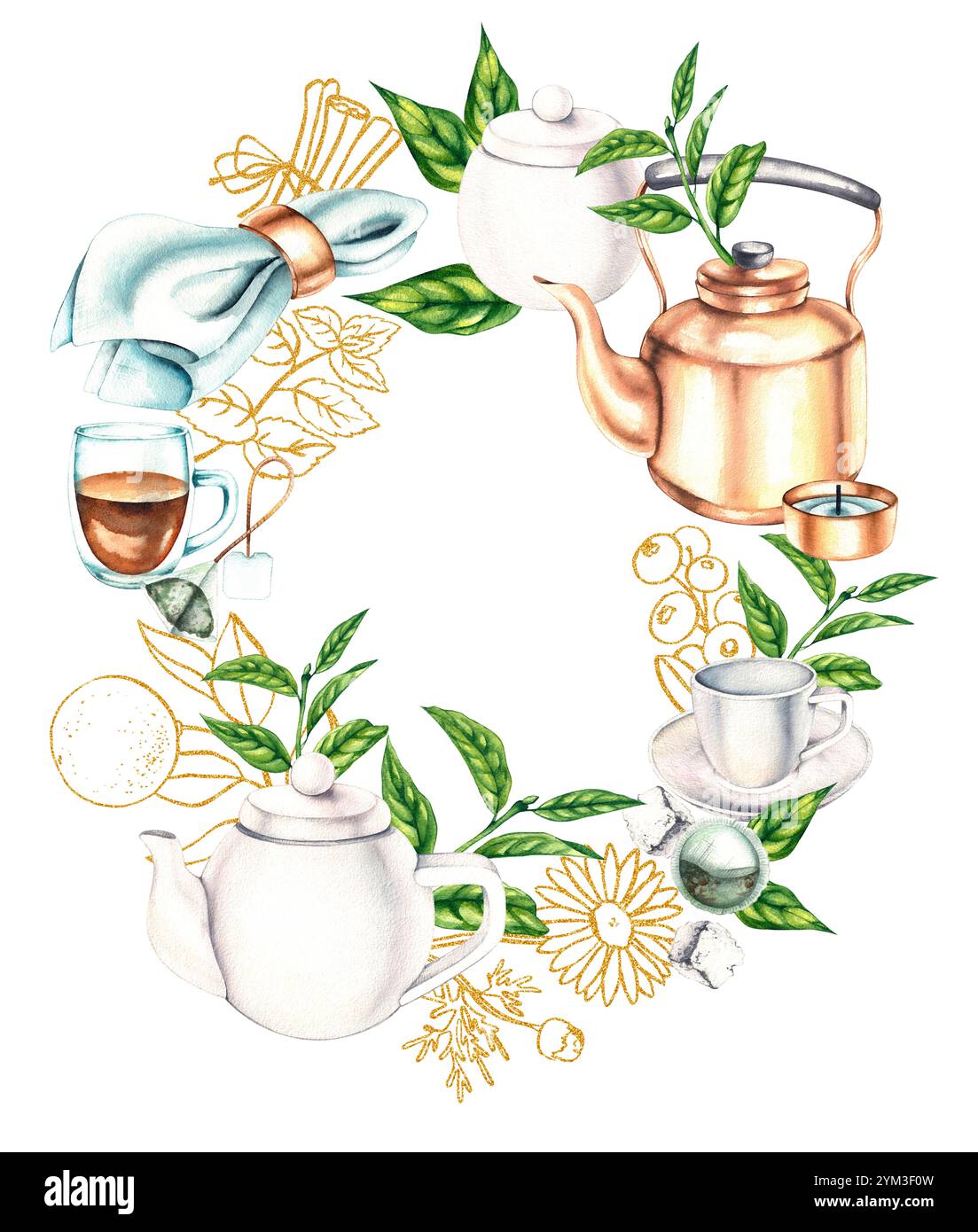 Hand painted gold tea set with herbs Stock Photo - Alamy