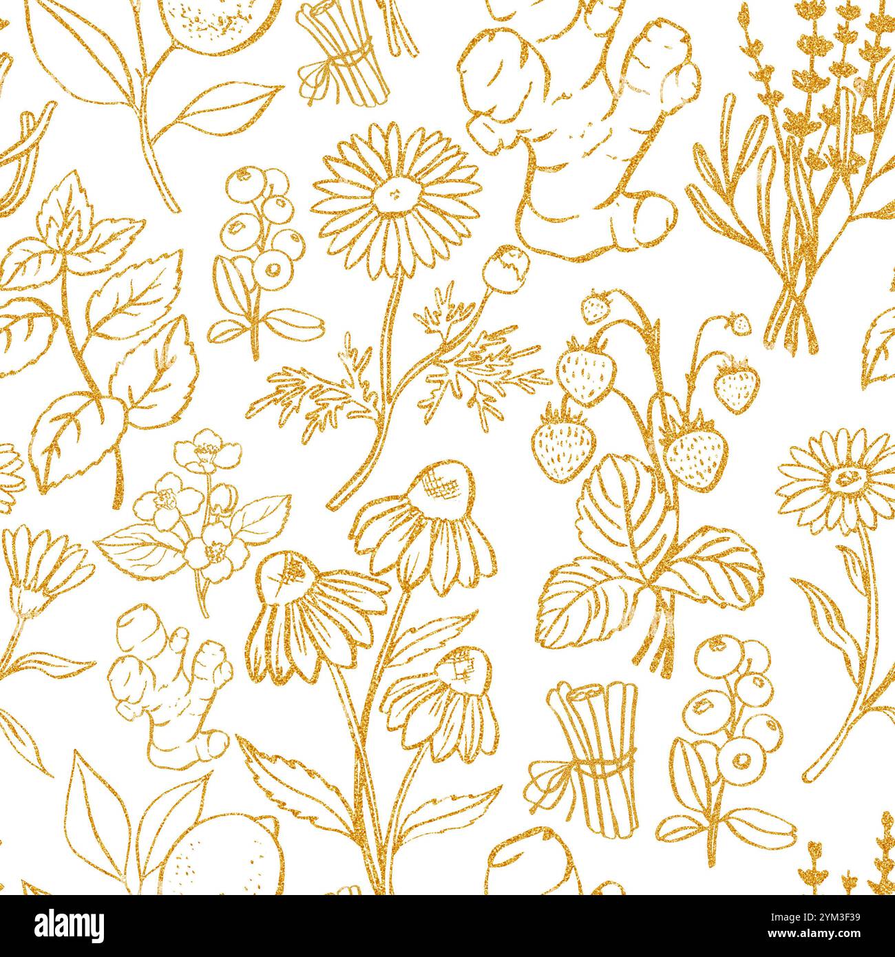 Hand painted gold tea set with herbs Stock Photo - Alamy