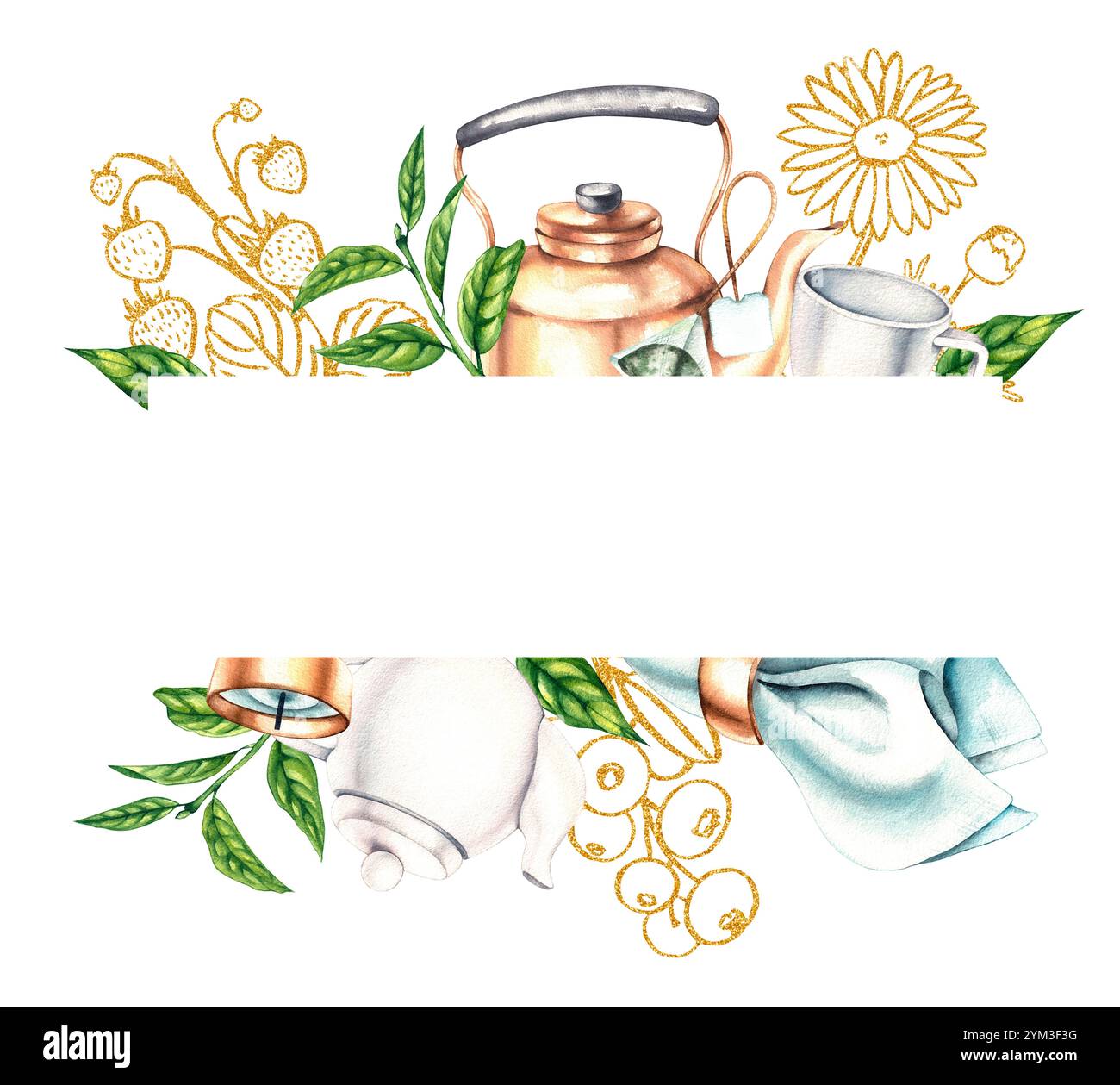 Hand painted gold tea set with herbs Stock Photo - Alamy