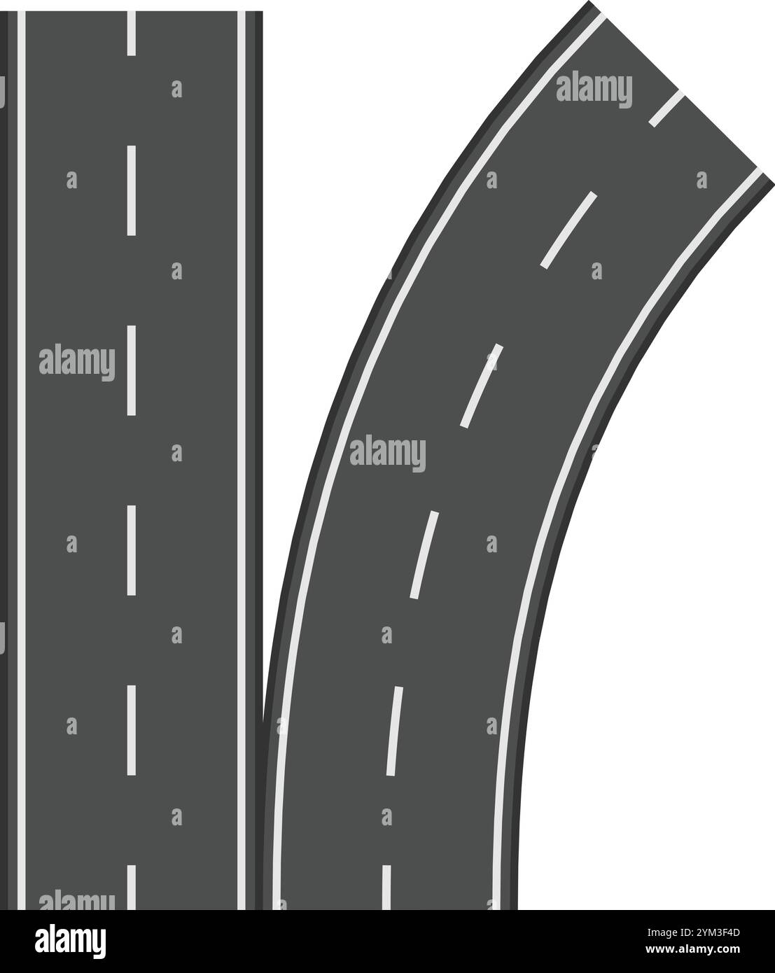 Straight and curved asphalt roads with white dashed lines represent ...