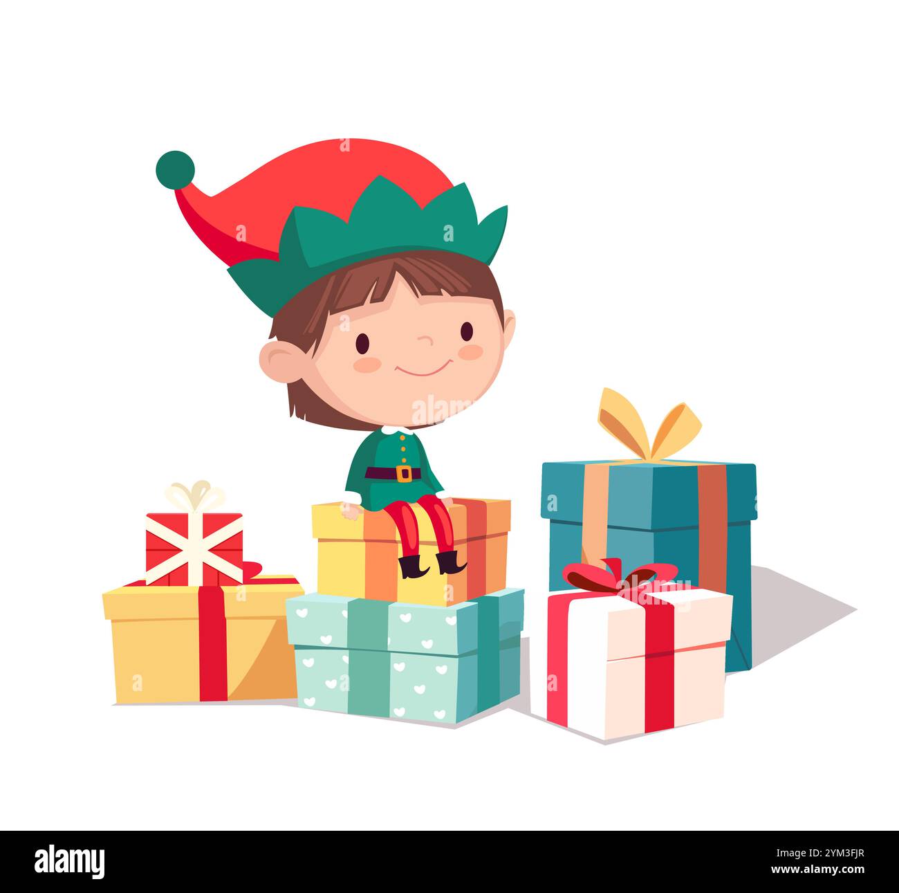 Cute Christmas elf boy sitting on Christmas gifts decorated with bows ...