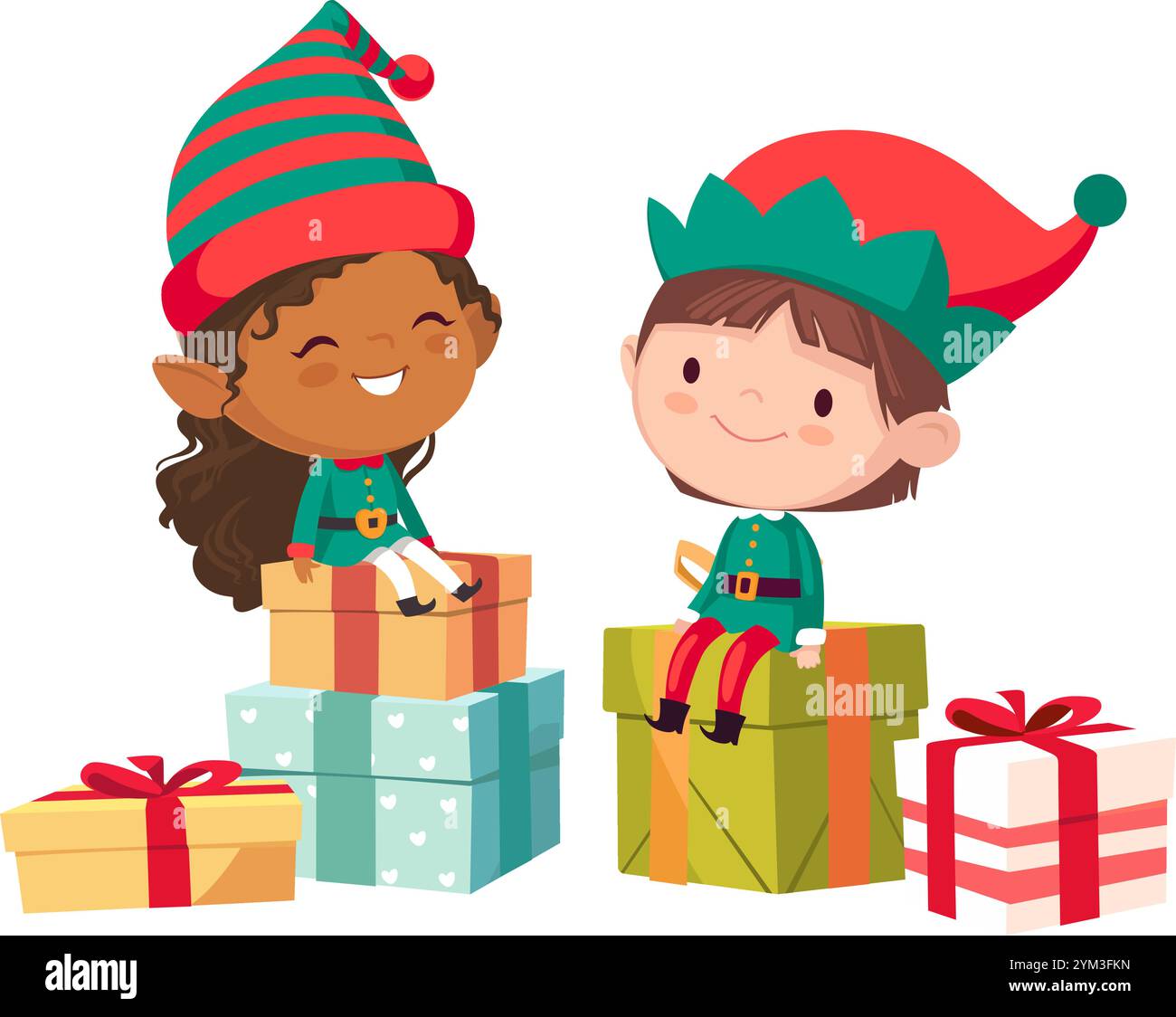 Cute Christmas elves boy and girl sitting on gifts decorated with bows ...