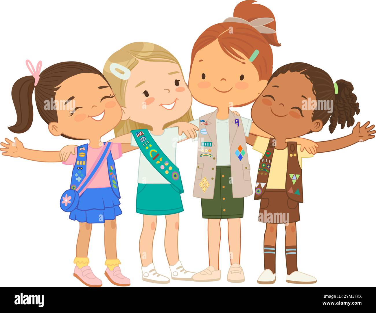 Happy Multicultural multi aged girls scout hug. Daisy, Junior, Cadette ...