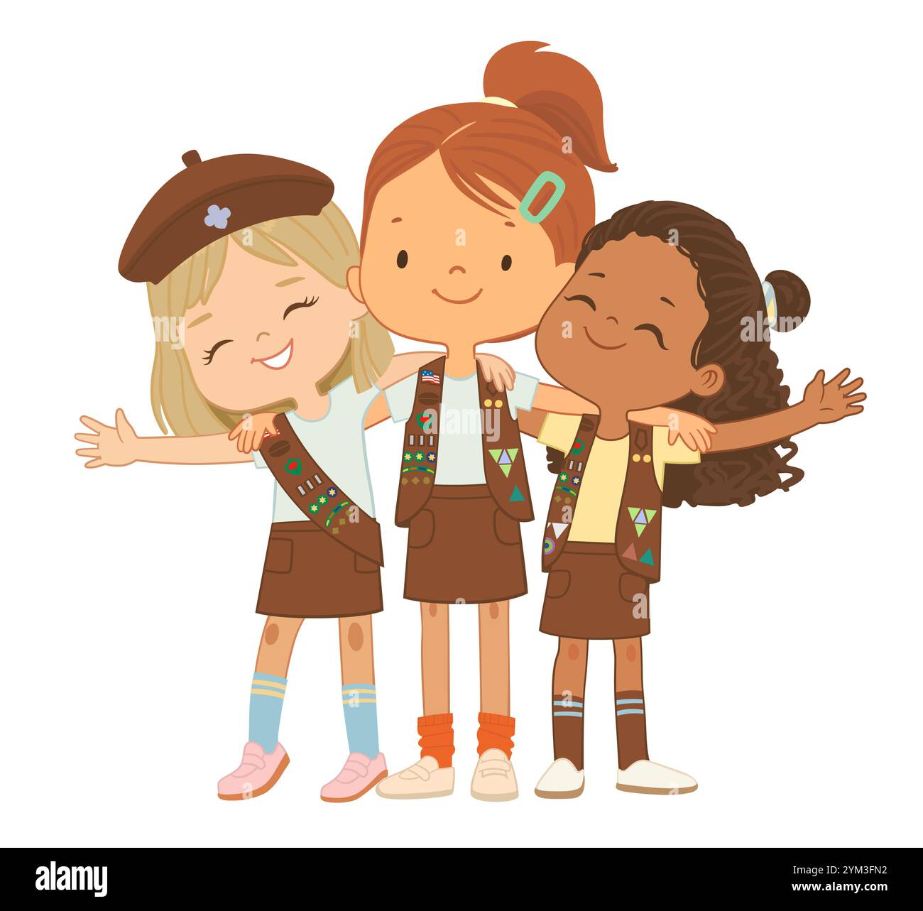 Happy multi ethnic multi aged girls scout hug. Girls Scout happily hug ...