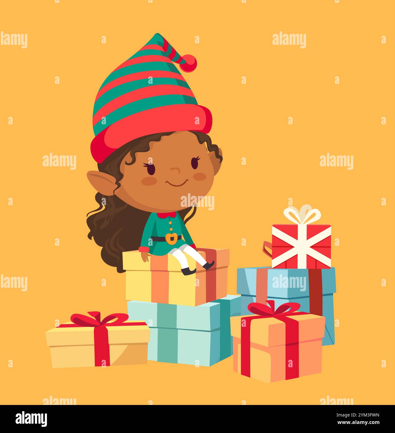 Cute and smiling Christmas elf girl sitting on gifts decorated with ...