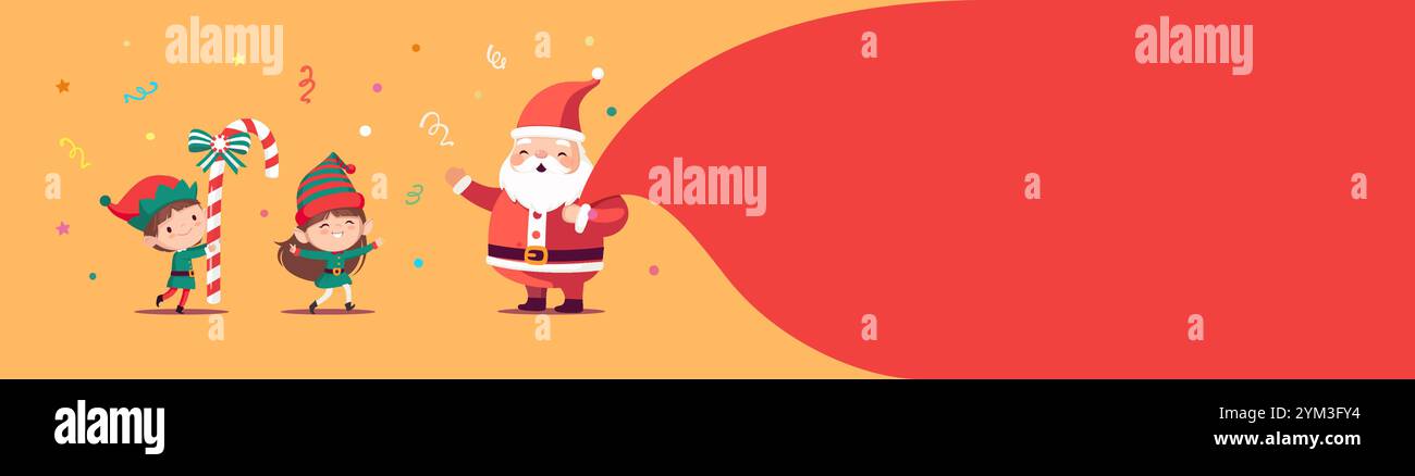 Merry Christmas banner with Santa Claus and dancing elves. Cute cartoon ...