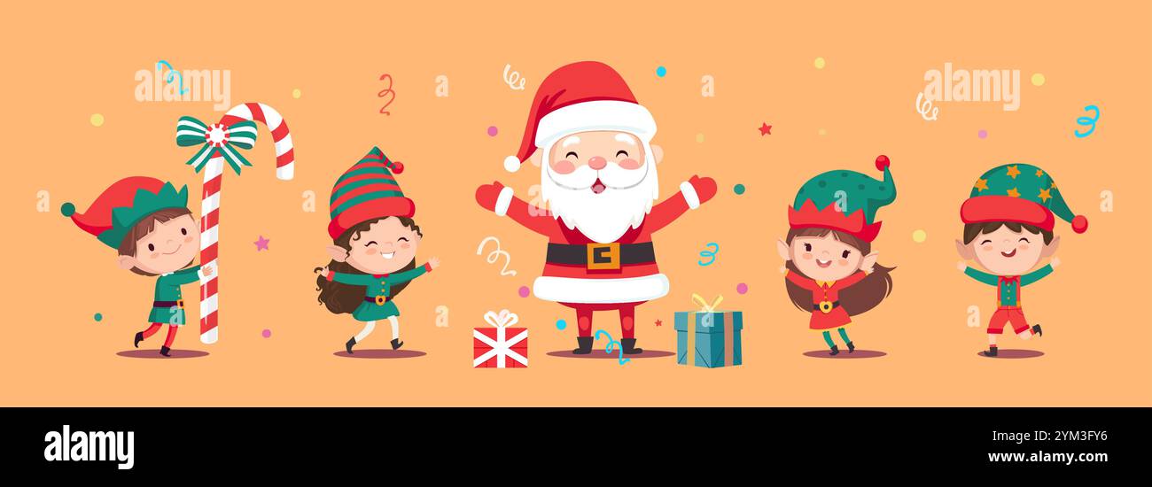 Illustration of Christmas elves and Santa Claus jump and dance joyfully ...