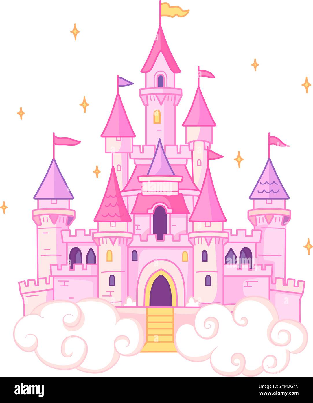 Vector illustration for children with fairy pink castle. Medieval ...