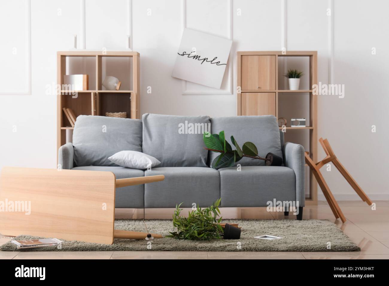 Interior of messy room with grey sofa and overturned furniture after ...