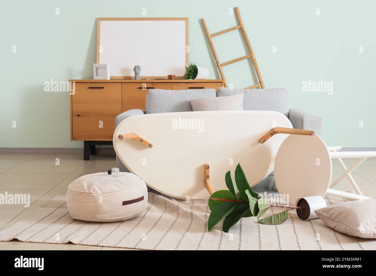 Interior of messy room with stylish sofa and overturned furniture after ...