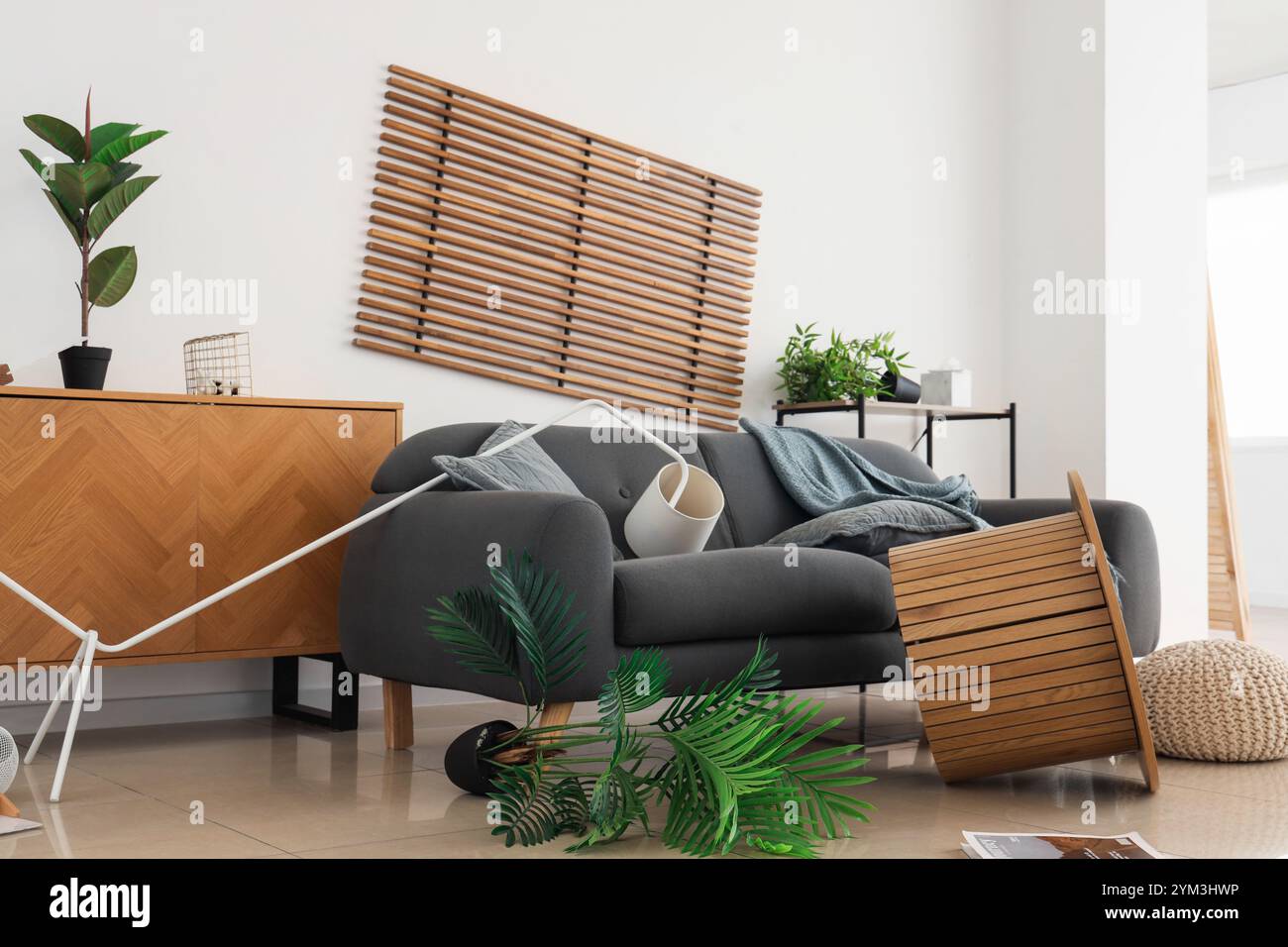 Interior of messy room with stylish sofa and overturned furniture after ...