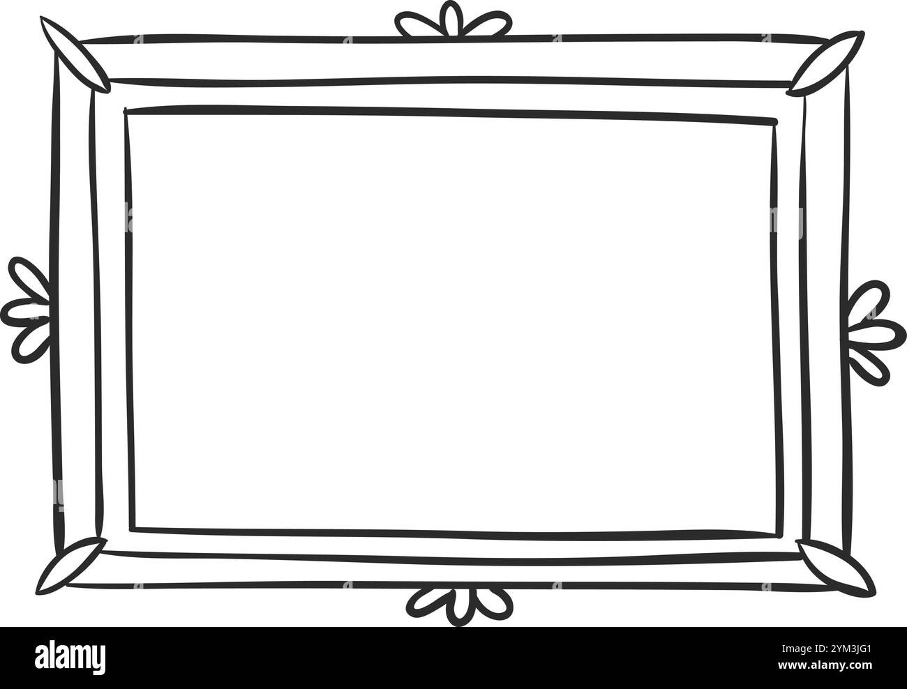 Simple, hand drawn rectangular frame features rounded corners, double lines, and stylized floral ...