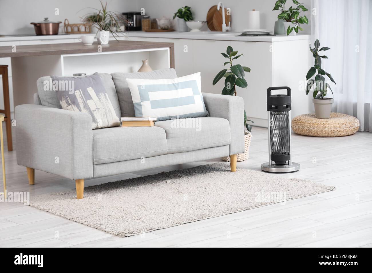 Electric heater near sofa in kitchen interior Stock Photo - Alamy