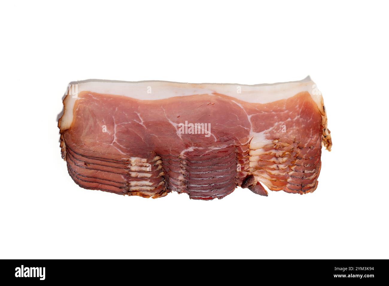 A piece of bacon is sliced and displayed on a white background. The ...