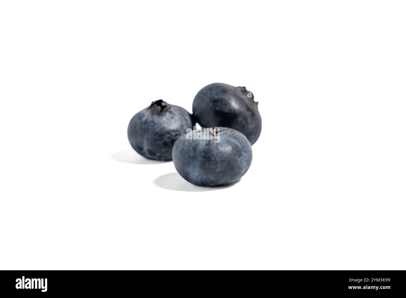 Three blueberries on a white background. The blueberries are small and ...