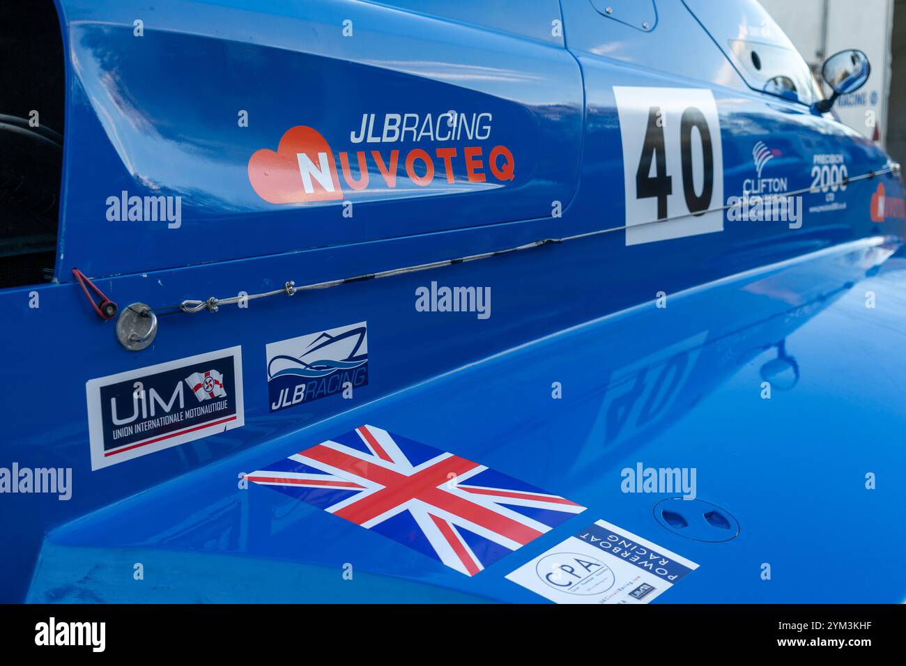 Power boat hull side image showing various logos, sponsors and the ...